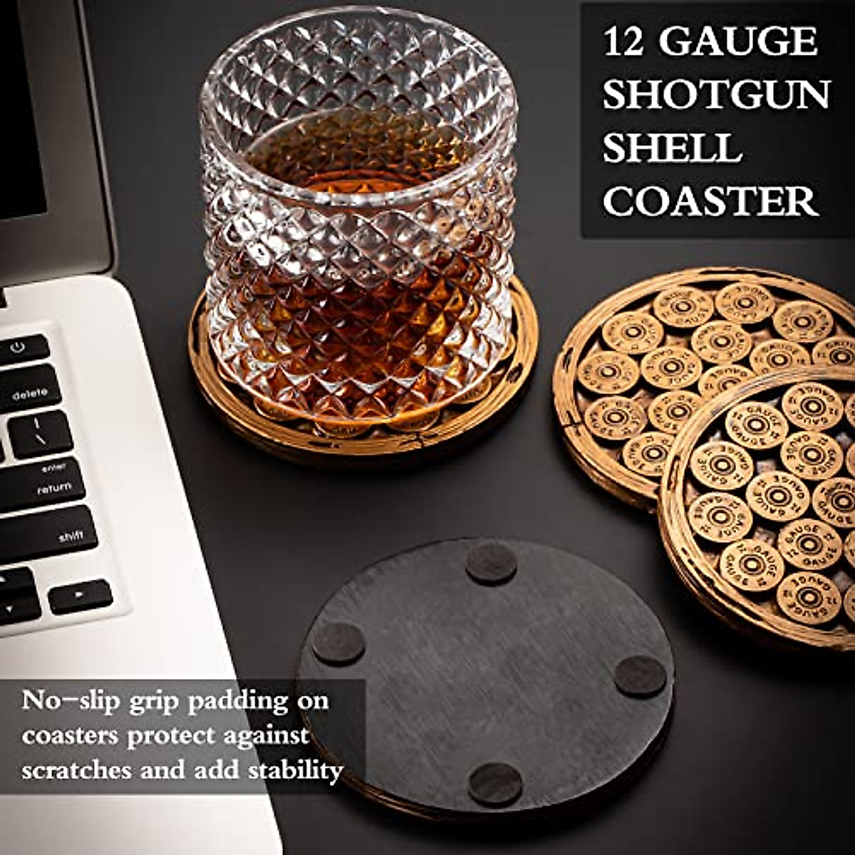 Gifts for Men or Women, 12 Gauge Shell Creative Coasters for Drinks, Coasters with Holder for Coffee Table, Wooden Table, Outdoor, Living Room, Kitchen, Rustic Bar Decorations