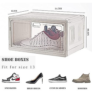 Shoe Storage Boxes,Pack of 6 Stackable Shoe Organizer,Sturdy Foldable sneaker storage and Easy Assemble Shoe Containers Clear Plastic shoe bins with Lid for US Size 13(14.6”x 10.6”x 8.3”)