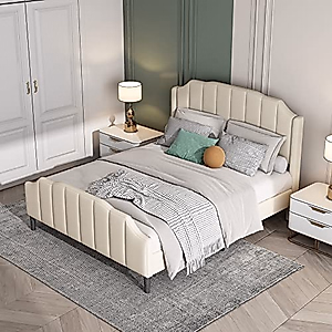 GLORHOME Queen Size Upholstered Platform, Bed Frame with Headboard and Footboard for Living Room/Bedroom, Velvet Fabric,Beige