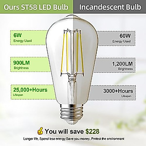 WIHTU Vintage LED Edison Bulbs, 6W Equivalent 60W, ST58 Antique LED Filament Bulbs, LED Light Bulbs with 95+ CRI, High Brightness Daylight 4000K, 900lumens, E26 Medium Base, Clear Glass, 6-Pack