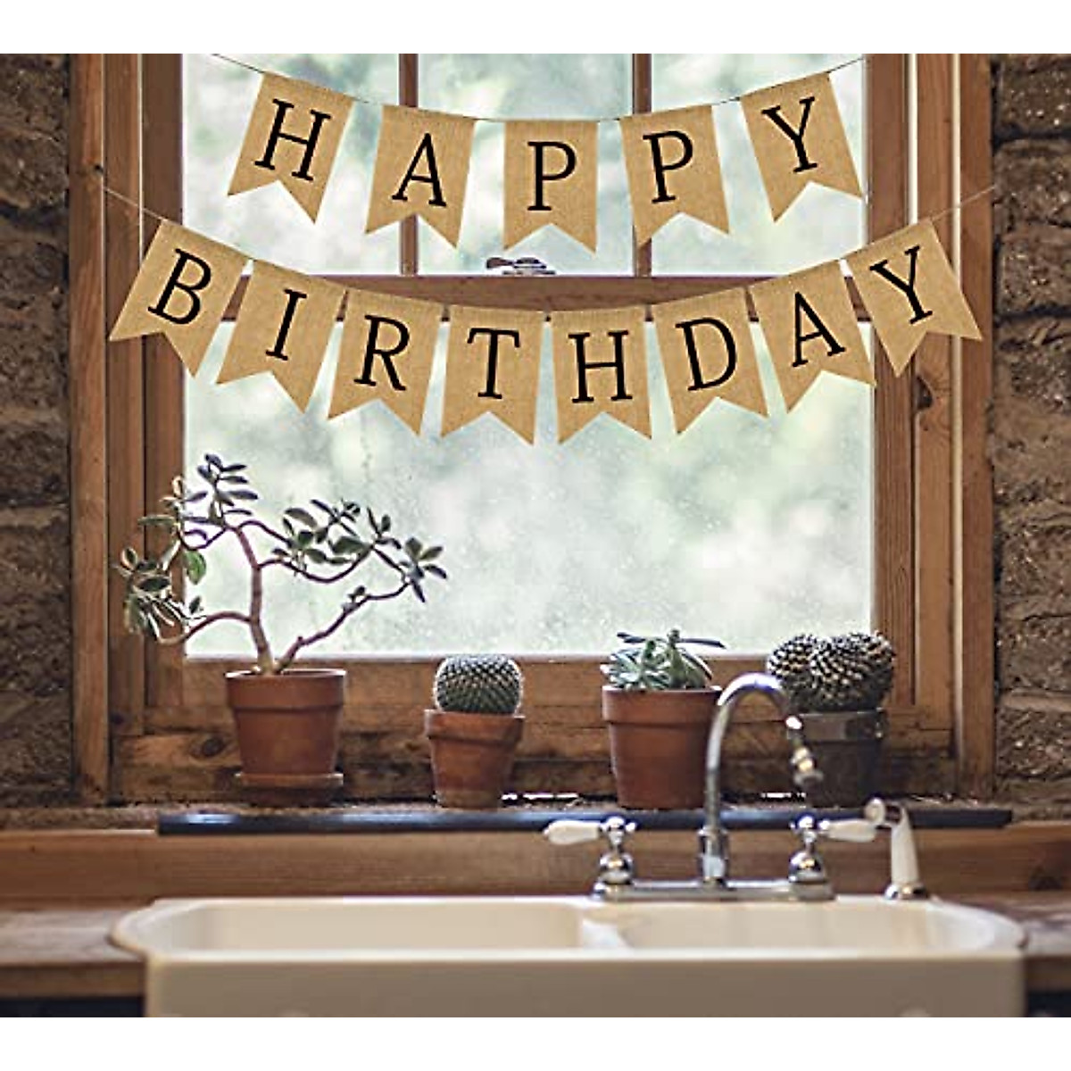 Burlap Happy Birthday Banner, Assembled Birthday Party Decorations for Men Women