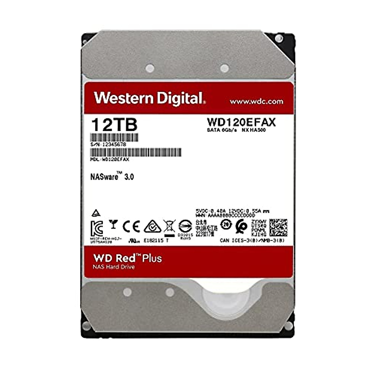Western Digital 12TB WD Red Plus NAS Internal Hard Drive HDD - 5400 RPM, SATA 6 Gb/s, CMR, 256 MB Cache, 3.5" - WD120EFAX
