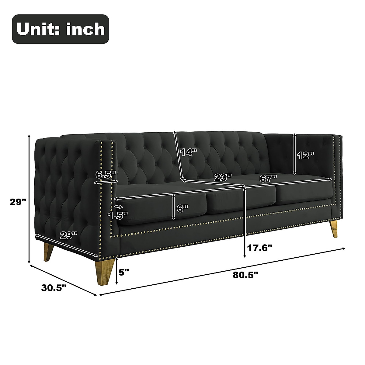 ATUMON Modern 2 Piece 81" 3-Seater Velvet Sofa Set,Buttons Tufted and Square Arm,Inlaid Gold Nail Heads and 4 Golden Metal Legs for Living Room (Black, 81" 3+3 Seat Velvet Sofa Sets)