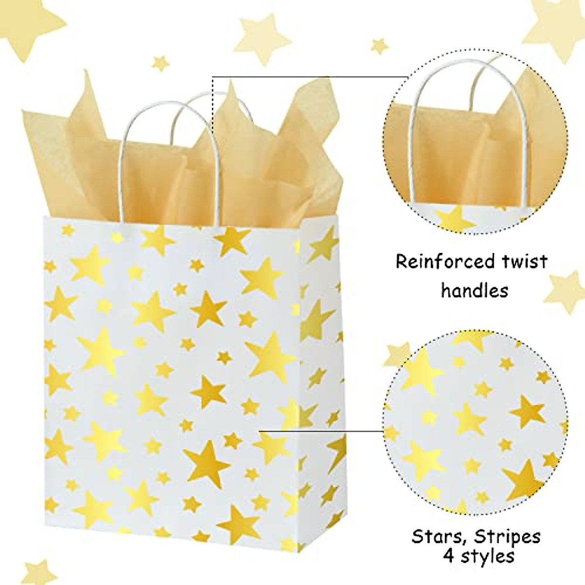 12 Pack Gift Bags with 12 Tissues,13x10.2x4.7 Inches Large Gift Bags Goodie Bags, Gold Medium Gift Paper Bags with Handles for Birthday Party Bags, Bussiness Bags, Wedding Bags, Valentines Day Christmas Gifts Bags(4 Styles)
