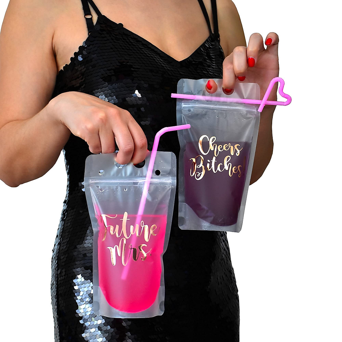 Bachelorette Drink Pouch Cups with Straws (Rose Gold) 16 Count, 15 Oz. - Engagement Party Decoration and Bride To Be Gift