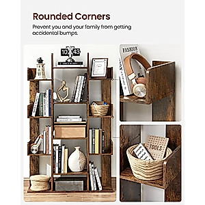 VASAGLE Bookshelf, Tree-Shaped Bookcase with 13 Storage Shelves, Rounded Corners, 9.8”D x 33.9”W x 55.1”H, Rustic Brown ULBC67BXV1