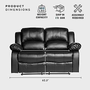 Lexicon Humphreys Loveseat Recliner - Soft Faux Leather Double Reclining Sofa, Manual Pull Tab, Wall Hugger, High-Density Foam, Solid Wood Frame, Easy Assembly, 62.5" W, Living Room, RV - Black