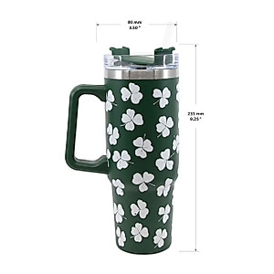 Envie 30 oz St Patrick Day Tumbler Mug with White Shamrocks, Reusable Insulated Mug with Handle, Lid and Straw, Stainless Steel Tumbler for Iced & Hot Beverages