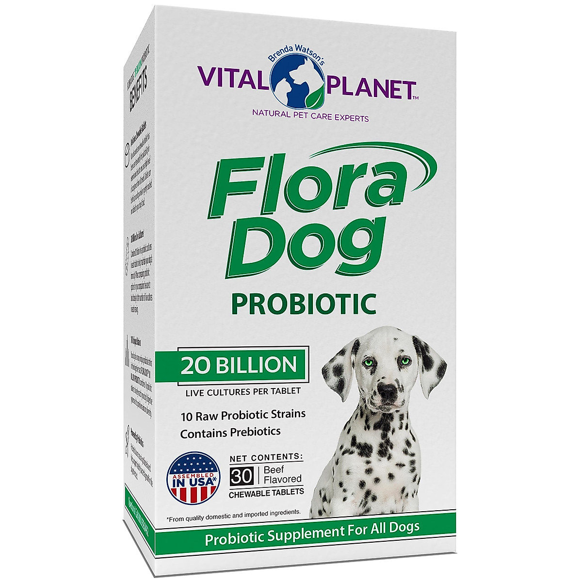 Vital Planet - Flora Dog Probiotic Chewable Tablets Supplement with 20 Billion Cultures and 10 Strains, High Potency Immune and Digestive Support Probiotics for Dogs, 30 Beef Flavored Chewable Tablets