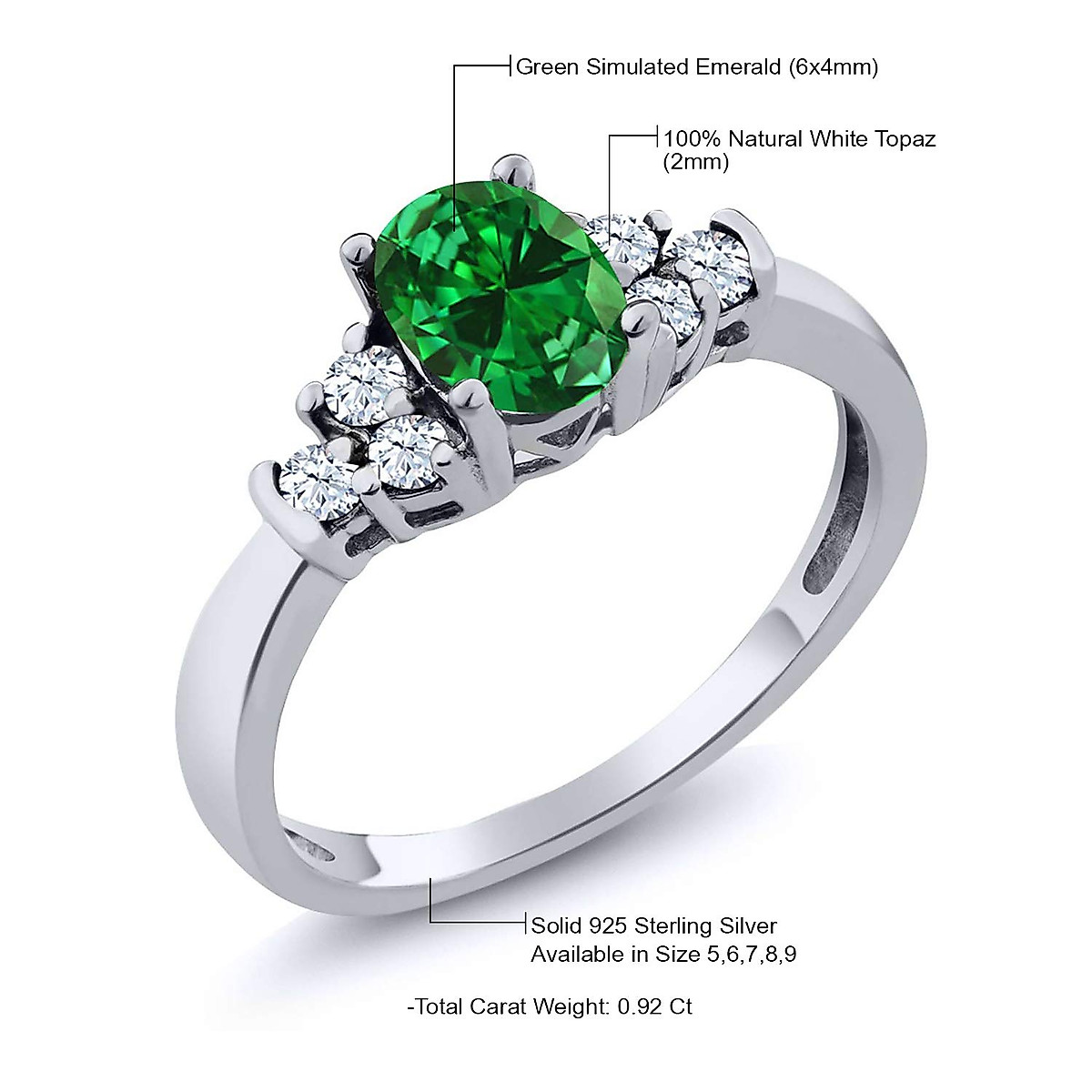 Gem Stone King 925 Sterling Silver Green Simulated Emerald and White Topaz Ring For Women (0.92 Cttw, Oval 6X4MM, Available in size 5, 6, 7, 8, 9)