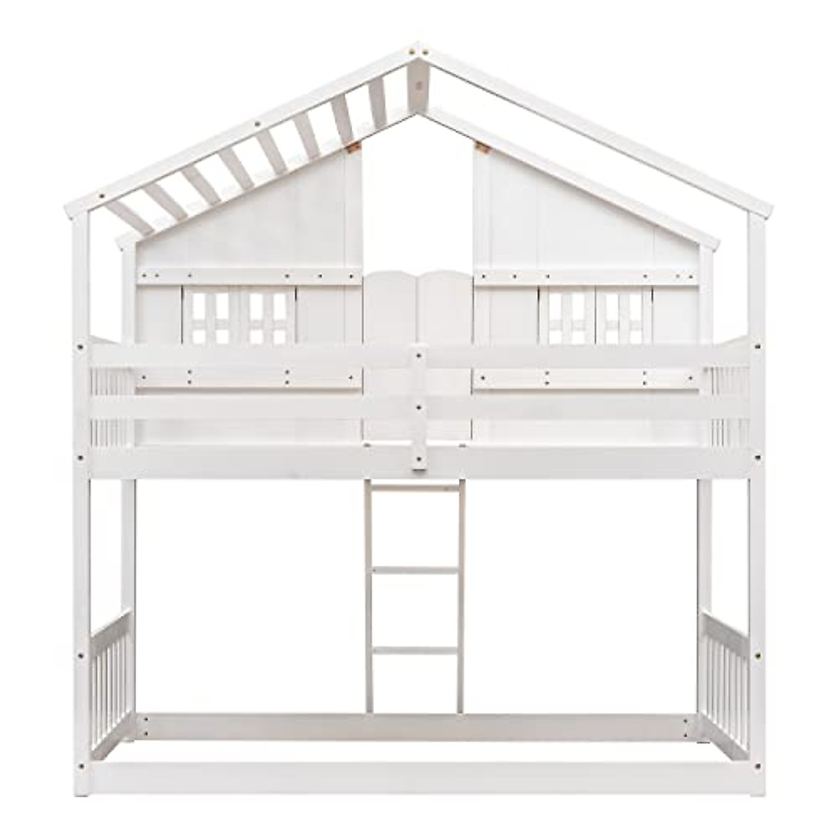 ERYE Twin Over Twin House Bunk Bed with Roof,Window, Window Box and Window Door,Twin Size Wooden Bunk Bed with Safety Guardrails and Ladder for Kids Children Teens Boys and Girls,White