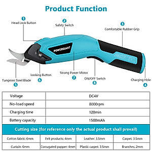 Electric Scissors Cordless, POWERGIANT Electric Scissors for Cutting Fabric, Cardboard, Crystal Plate, Cloth, Leather, Carpet, Paper- Electric Shears Cutting Tools/Cutter with 2 Extra Blades (Blue)