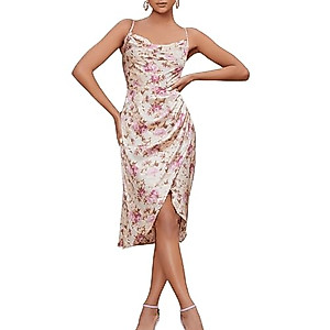 Floerns Women's Floral Print Cowl Neck Ruched Sleeveless Satin Slit Party Dress Beige/Pink S