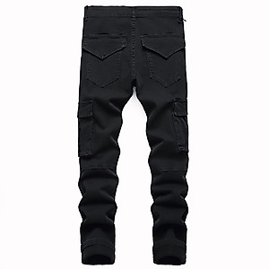 Black Jeans for Men Stretch Skinny Multi Pockets Slim Fit Elastic Jeans Comfort Tapered Leg Cargo Pencil Denim Pants, Black, 34