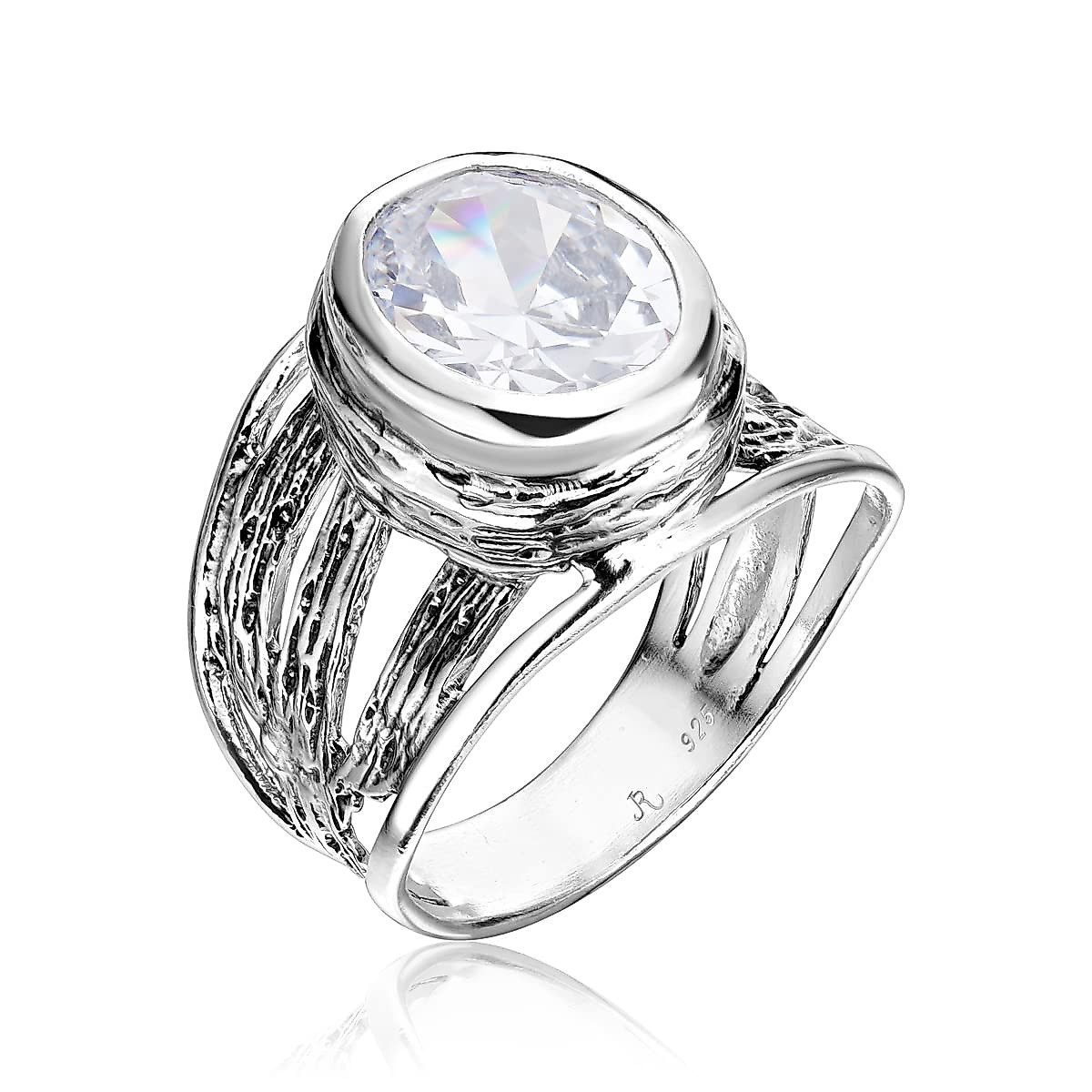 JEAN RACHEL JEWELRY 925 Sterling Silver Ring With White Oval Clear Cubic Zirconia Bezel, Hypoallergenic, Nickel and Lead-free, Artisan Handcrafted Designer Collection, Made in Israel
