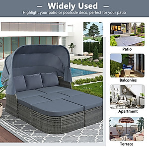 EMKK All-Weather Outdoor Round Patio Daybed Conversation Sofa Set Wicker Rattan Double Daybed Sunbed with Retractable Canopy, Pillows and Removable Cushions
