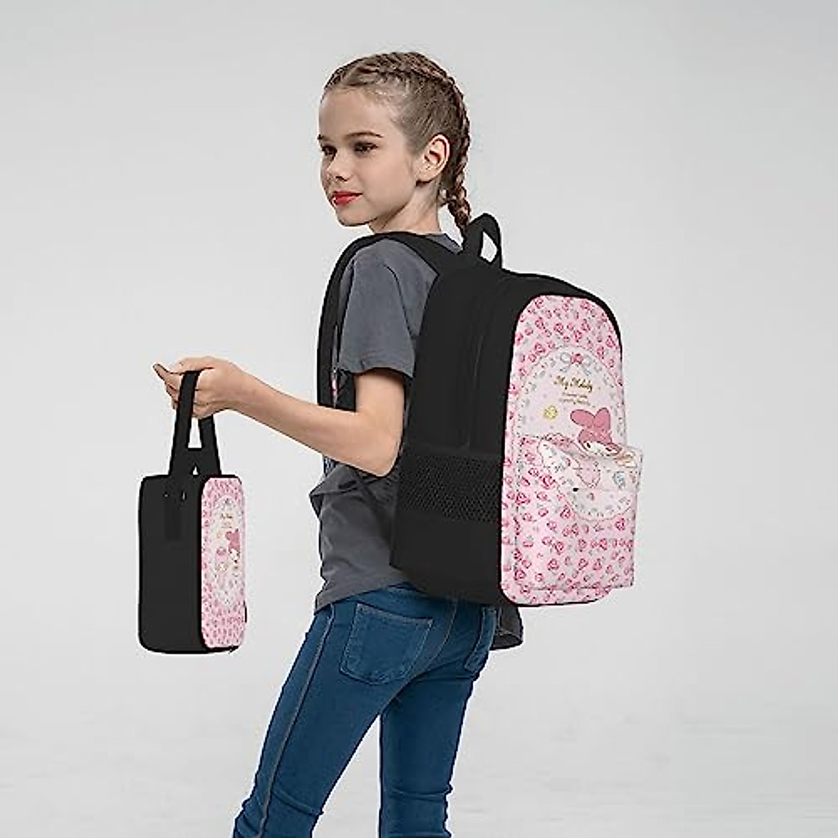 ORPJXIO Backpack 3 Piece Set Kuromi Anime My Melody Laptop Backpack Pencil Case Lunch Bag Combination For Travel Work Camping