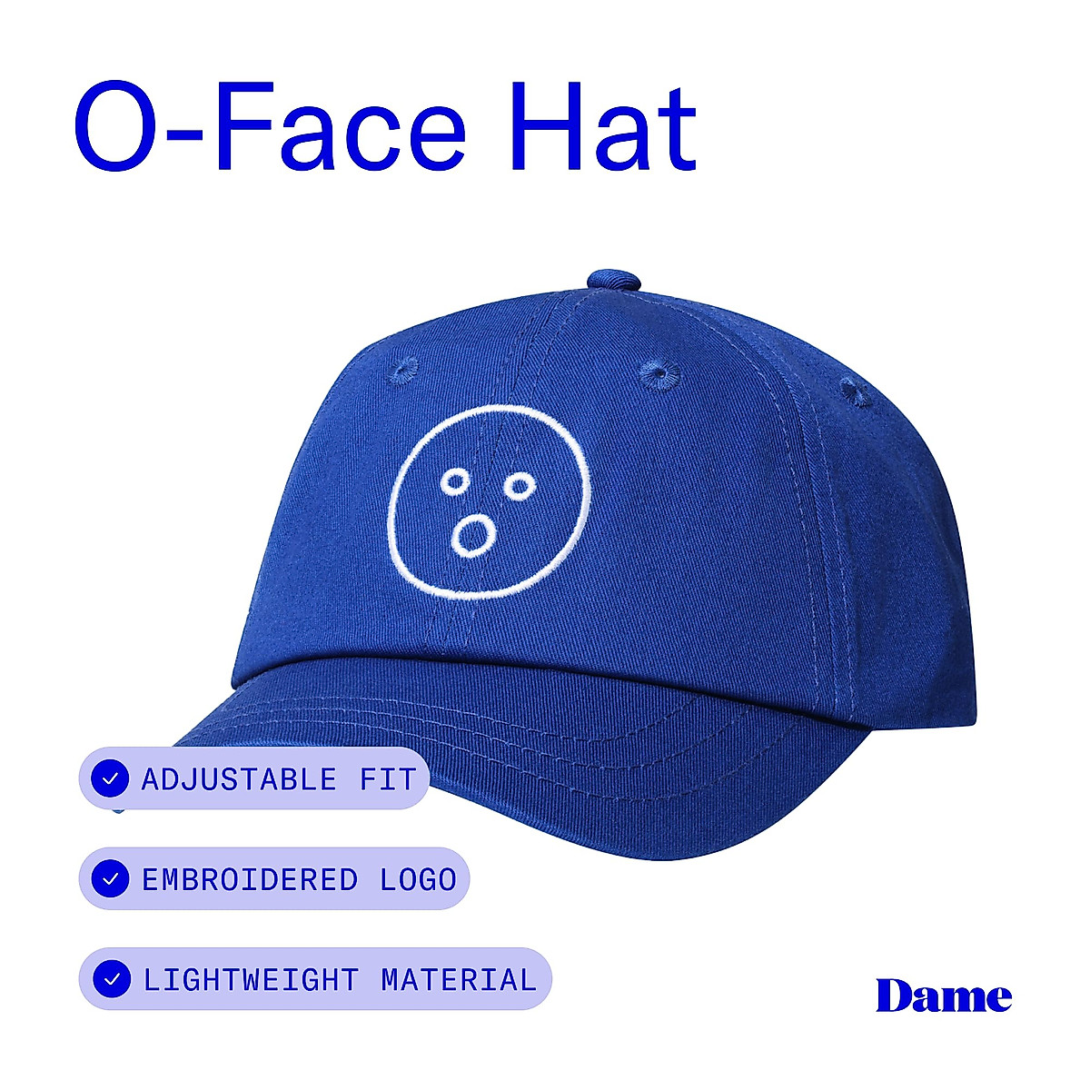 Dame Products O-Face Baseball Cap - Unisex Royal Blue Hat - Adjustable and Comfortable