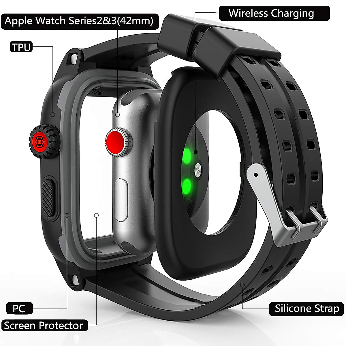 Apple Watch Series 3/2 42mm case, Built-in Screen Protector 360 Full-Body Protection, Shockproof Dustproof Waterproof Apple Watch Case 42mm Series 3 Series 2