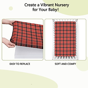 Buffalo Plaid Themed Fitted Mini Crib Sheets,Portable Mini Crib Sheets Soft and Breathable Bed Sheets-Baby Crib Sheets for Girl or Boy, 24“ x38“,Charcoal Grey and Vermilion