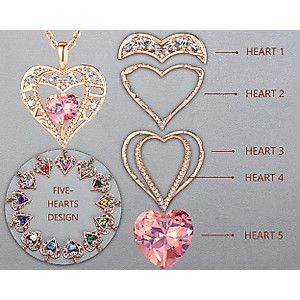GEMMANCE 5 Heart Crystal Pendant Necklace - 925 Sterling Silver Chain - 18K Rose Gold Plated - Quartz Rose - 18”+2” Birthstone Jewelry for Women- Gifts for Birthday, Christmas