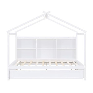 DEYOBED Full Size House Bed with Storage Shelves and Twin Size Trundle, Wooden Full Playhouse Bed, Canopy Bed, House Shape Bed Frame for Kids Boys Girls, No Box Spring Needed, Brushed White