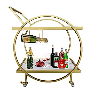 AT-VALY Bar Cart with Wine Rack,2-Tier Mobile Serving Cart on Wheels,Wine Cart for Home, Kitchen,Gold