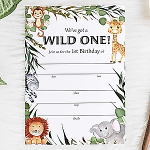 Moonrise Papery SET OF 25 Safari 1st Birthday Party Invitations, Wild One Invitations with Envelopes, Jungle Theme, Lion, Elephant, Giraffe, Zebra, Monkey Birthday Party Invites