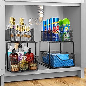 Sorbus 2 Tier Under the Sink Organizer Baskets with Mesh Sliding Drawers —Ideal for Cabinet, Countertop, Pantry, and Desktop, for Bathroom, Kitchen, Office, etc.—Made of Steel (Black)