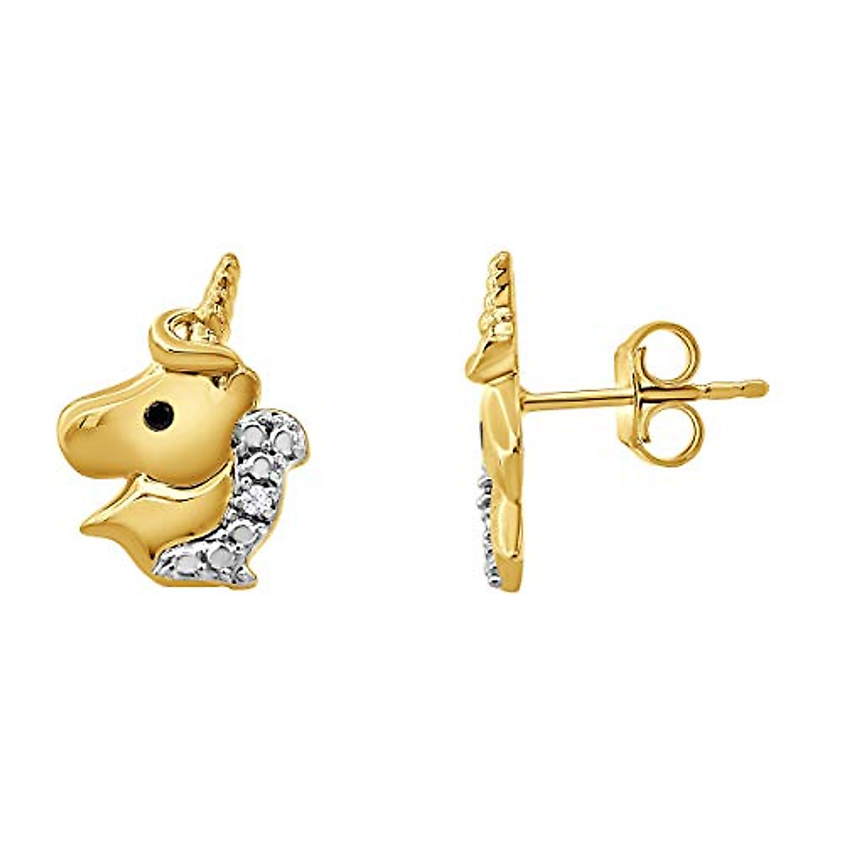 Beyond Brilliance Prong Set Black & White Natural Diamond Unicorn Push Back Stud Earrings in Yellow Gold-plated Sterling Silver Fashion Jewelry for Toddler Gift Box Included