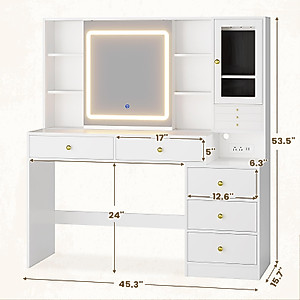 HAUOMS Makeup Vanity with Lights & Sliding Mirror, Vanity Desk with Jewelry Organizer, Glass Cabinet & 5 Drawers, Dressing Table, Modern White