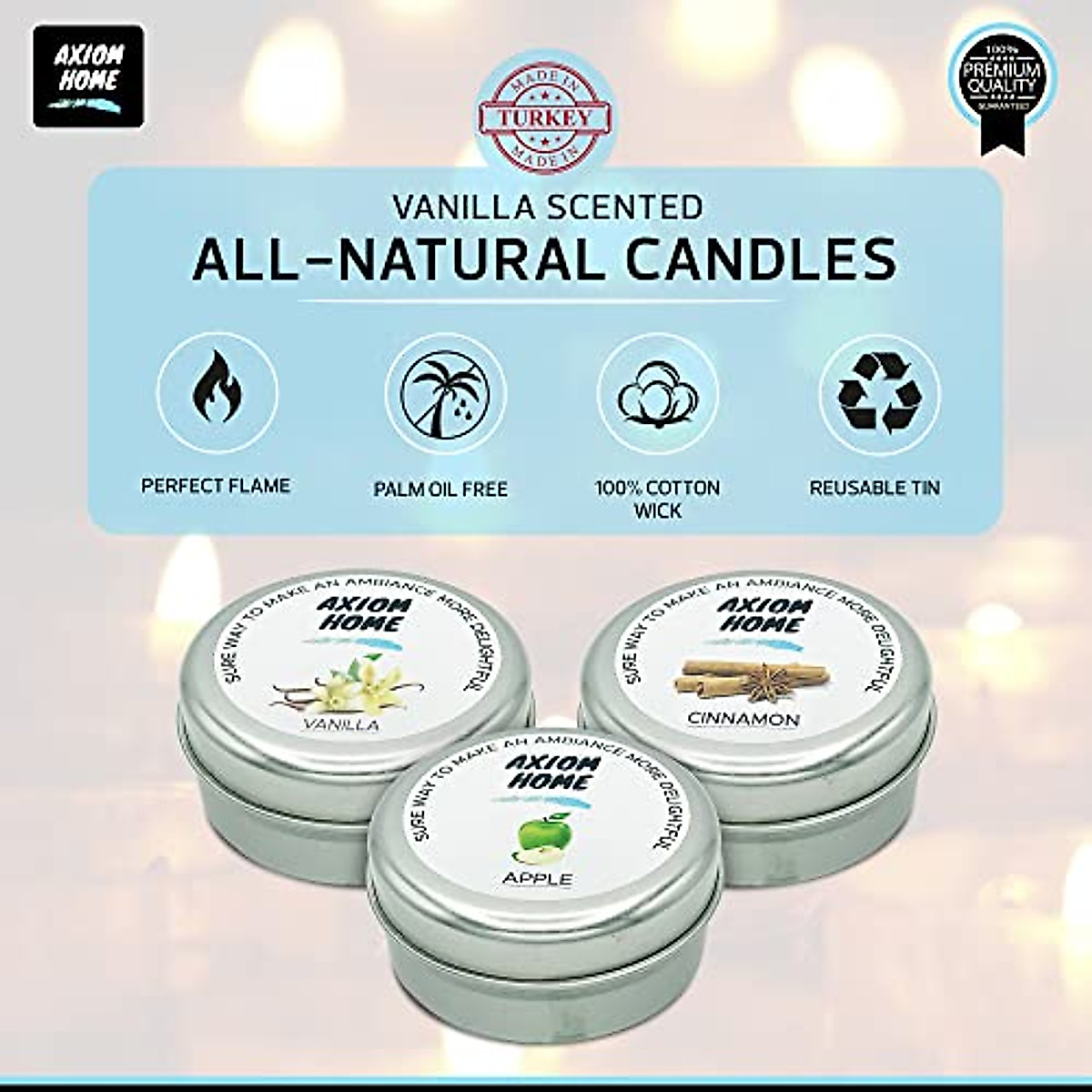 Axiom Pack of 3 Light Scented Tin Candles 12 Hours Long Lasting Combo Apple, Cinnamon, Vanilla Smokeless Stress Relief & Aromatherapy Natural Candle Gift for Mothers Day & Valentine's Day