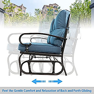 Crownland Outdoor Patio Glider Chair Porch Furniture Loveseat Seating, Wrought Iron Look Rocking Bench for Outside with Cushion(Peacock Blue)