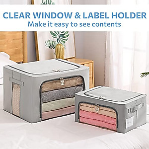 3Pack Frame Storage Box - Clothes Storage Bin Bags Oxford Fabric Foldable Stackable Container Organizer Set with Clear Window & Carry Handles Large Capacity (Grey, Large-66L)