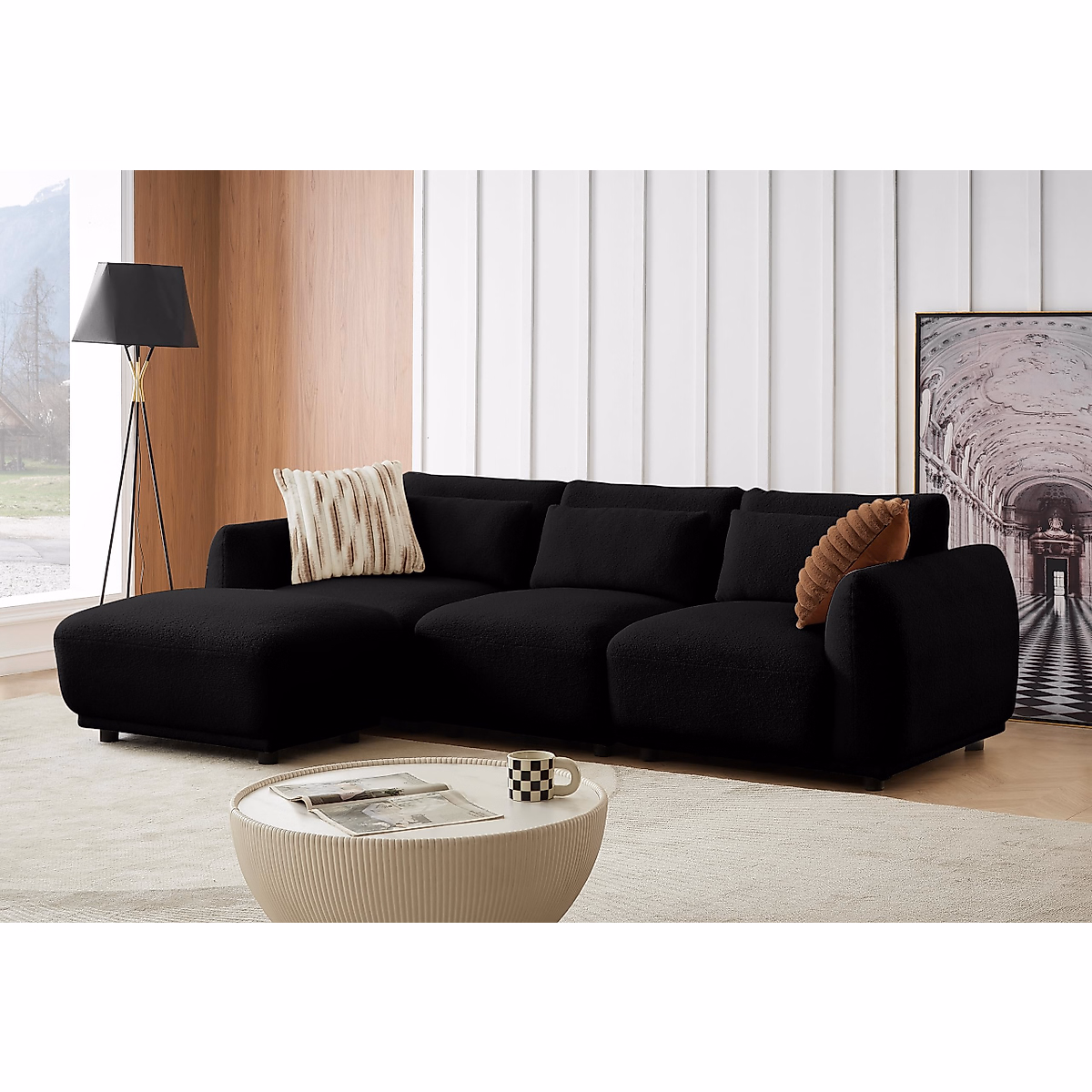 kevarada Boucle Sectional Couches for Living Room,Comfy Upholstered Modular Sectional Sofa with Ottoman,Small Sectional Couch Sofa Set for Living Room (3Seats&1Ottoman-Black)