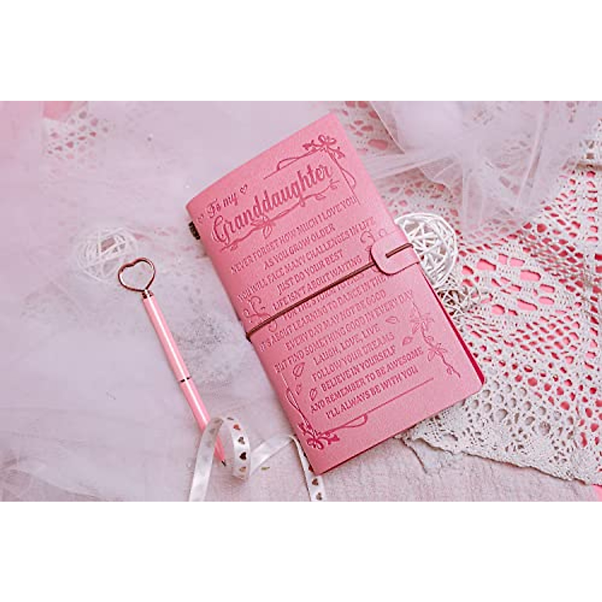 To My Granddaughter’s Gift - Pink Leather Journal+Heart Diamond Pen Set ,Engraved Notebook Writing Journal,Refillable Notepads,Travel Diary Graduation Back to School,Christmas,Birthday Gifts for Girls(7.9"x4.7") (To Granddaughter Journal)