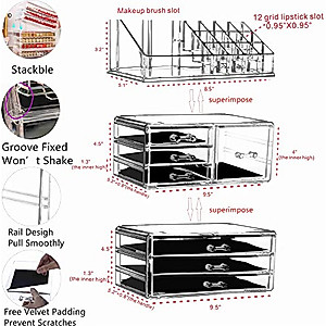 Cq acrylic Clear Makeup Storage Organizer Drawers Skin Care Large Cosmetic Display Cases Stackable Storage Box With 7 Drawers For Dresser,Set of 3