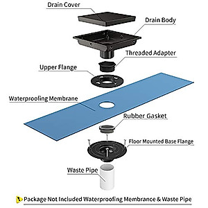 USHOWER 6 Inch Square Shower Floor Drain with Reversible 2-in-1 Tile Insert Cover,6" Matter Black Tiled Insert Drain Grate 304 Stainless Steel, Includes Flange Base & Hair Strainer