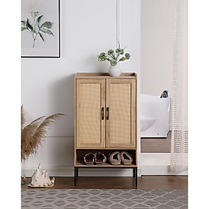 Kavonty Shoe Cabinet with Rattan Doors, 5-Tier Shoe Storage Cabinet with Open Shelves,Wooden Shoes Rack Organizer, for Entryway Hallway Closet Bedroom, Natural