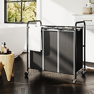ROMOON Laundry Sorter 3 Section, Heavy-Duty Laundry Hamper with Lockable Wheels and Removable Bags, Rolling Laundry Basket Cart, Dirty clothes hampers for Family laundry, Black