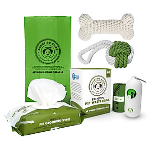 Doggy Do Good Dog Essentials Bundle - 60 Count Poop Bags with Dispenser, Pet Grooming Wipes, 2 Dog Toys - Must Have Supplies for New Puppy Owners