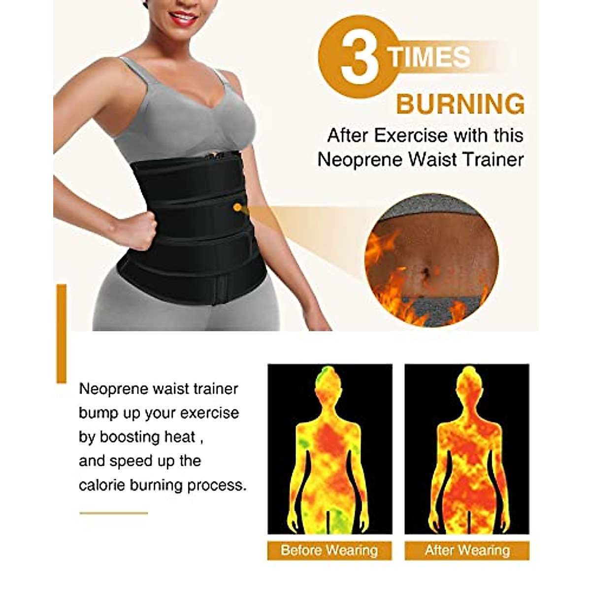 FeelinGirl womens Neoprene Waist Trainer 3 Straps Tummy Control Workout Corset Cincher Long Torso Trimmer Sauna Belt, Black, Medium