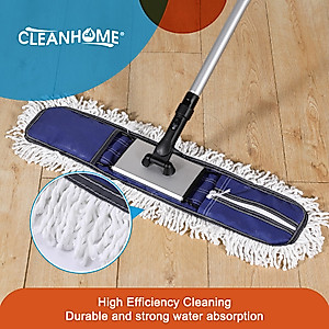 CLEANHOME 24" Commercial Dust Mop for Floor Cleaning, Heavy Duty Duster Floor Mop with 59” Extendable Long Handle,Hotel Gym Garage Hospital Household Cleaning Supplies for Hardwood,Marble Floors,Blue