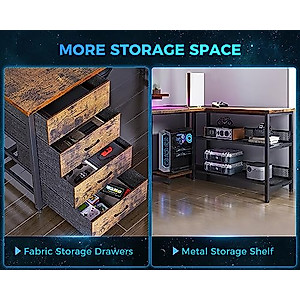 ODK U Shaped Desk with Power Outlets & LED Strip & Monitor Stand, 66" Reversible L Shaped Desk with Drawers and Storage Shelf, Home Office Gaming Desk, Vintage