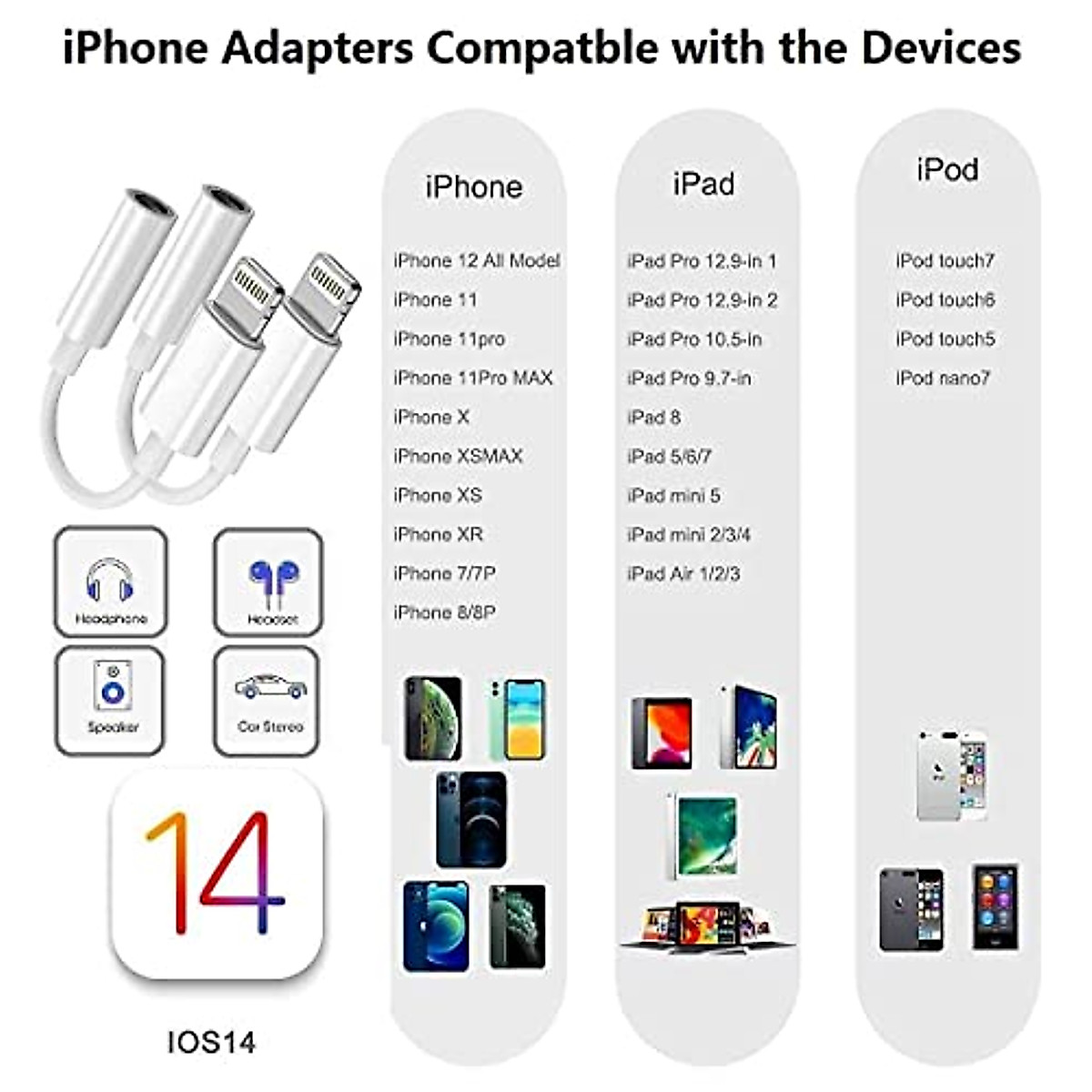 2 Pack [Apple MFi Certified] Lightning to 3.5 mm Headphone Jack Adapter, for iPhone 3.5mm Headphones/Earphones Jack Aux Audio Adapter Dongle for iPhone 14 13 12 11 XS XR X 8 7 iPad, Support All iOS