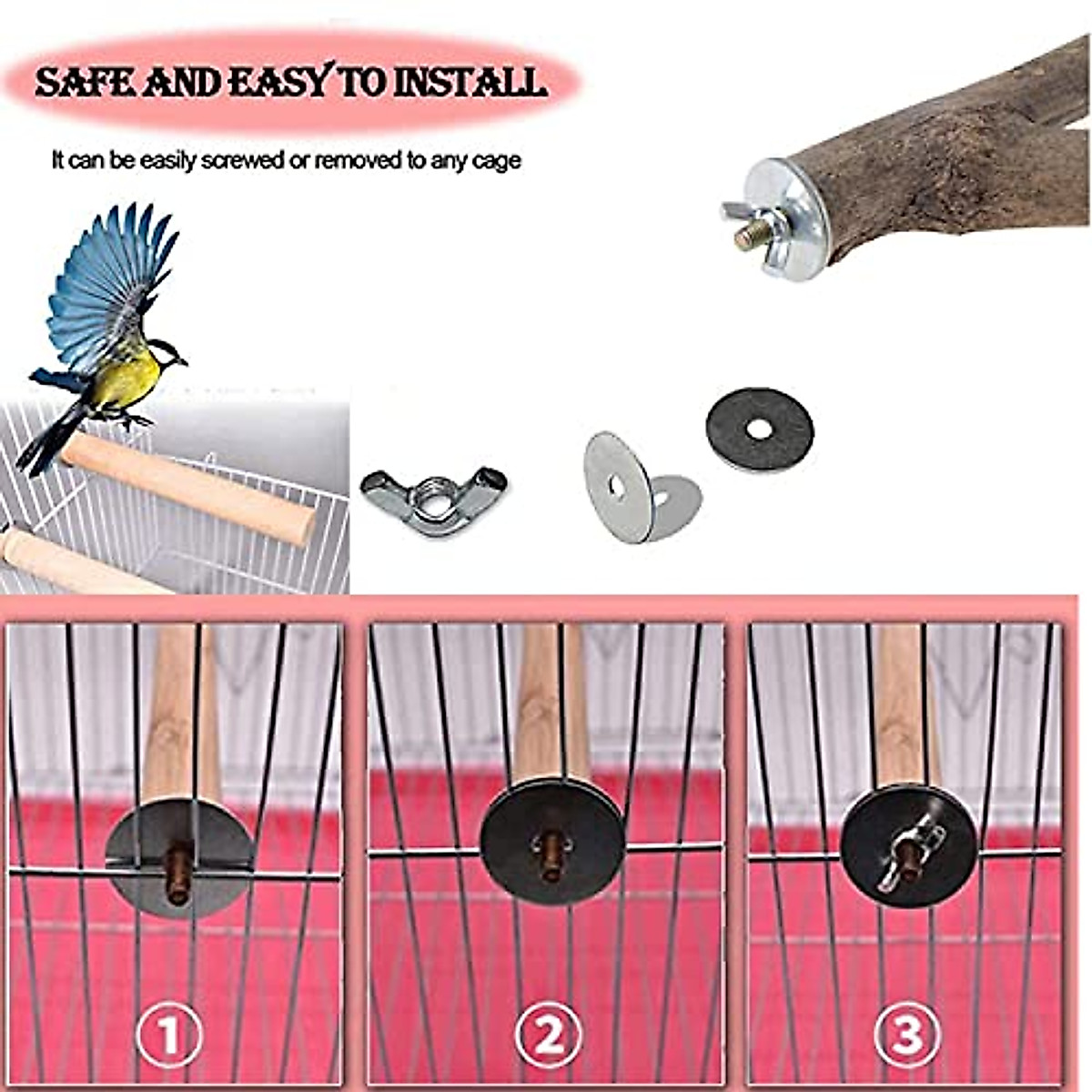 HUANMU 4 PCS Wood Bird Perch Stand , Natural Wood Parrot Perch , Parrot Cage Accessories Toys , Hanging Multi Branch Perch for Parrots.