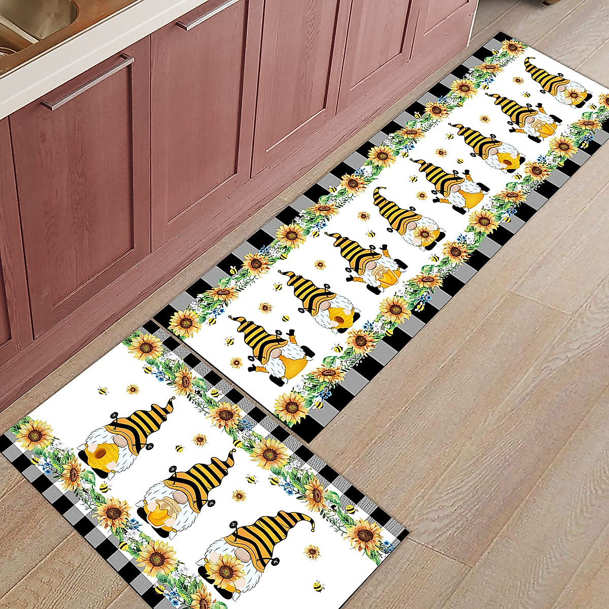 Kitchen Rugs and Mats Farm Bee Gnomes with Honey Sunflower Non Slip Carpets Doormat 2 Piece Runner Rug Set for Kitchen Sink Floor Country Floral Lace Buffalo Plaid Edge