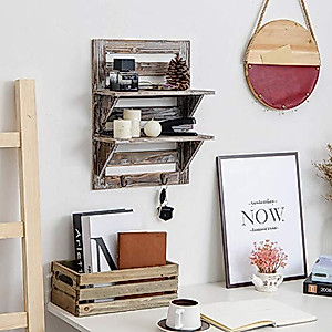 Liry Products Rustic Wooden Wall Mounted Shelves Iron Hooks Two-Tier Storage Rack Brown Torched Distressed Wood Display Shelf Organizer Farmhouse Decorative Holder Home Office Kitchen Living Room