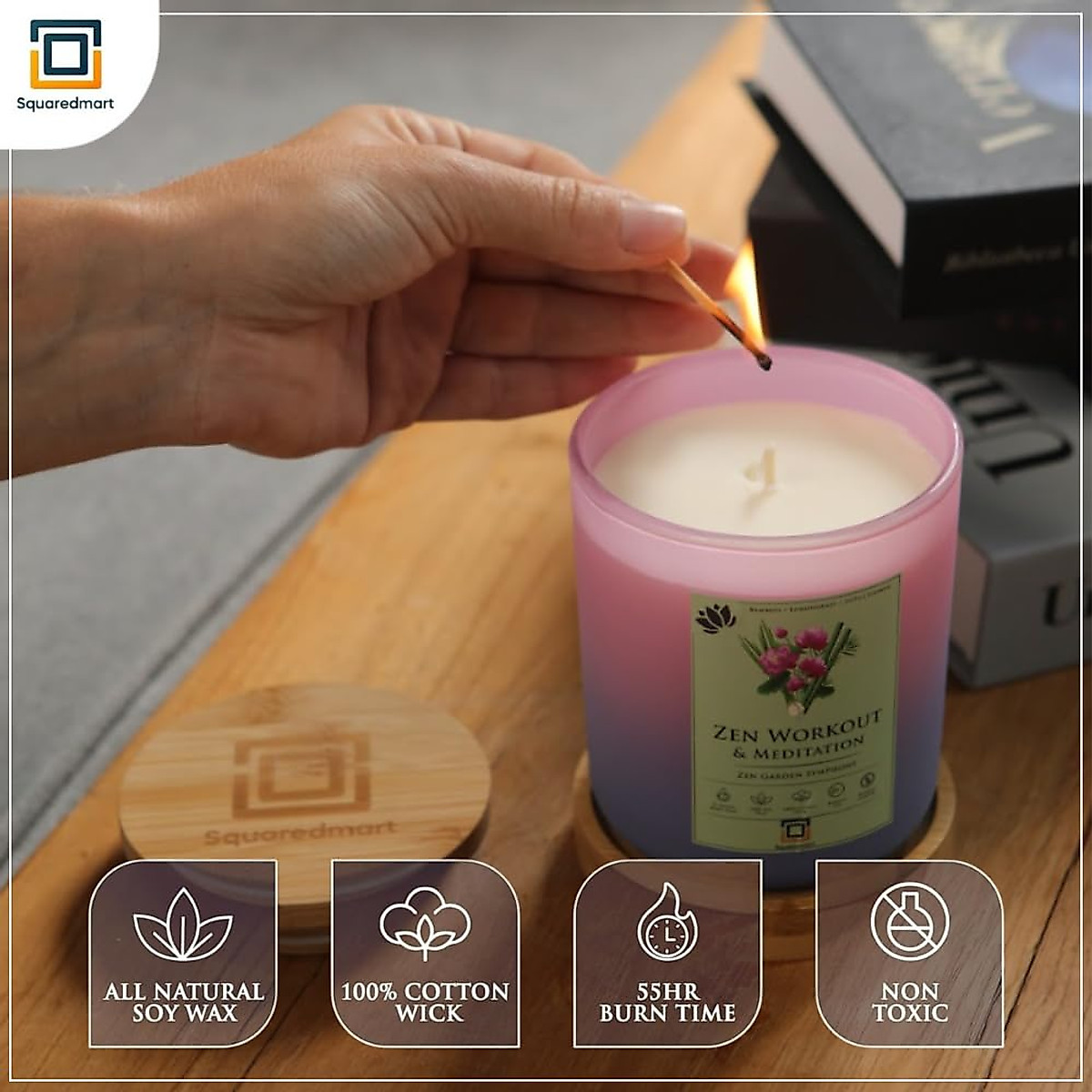 SquaredMart Natural Soy Scented Candle - Zen Workout & Meditation, Bamboo, Lemongrass & Lotus Flowers, 55 Hour Burn, 100% Cotton Wick, Eco-Friendly Bamboo Coaster & Lid, Yoga & Exercise, Serenity