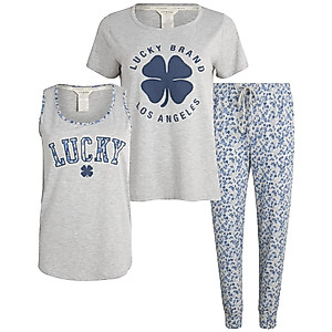 Lucky Brand Women's Pants Set, 3 Piece T-Shirt, Tank, Top, and Joggers, Casual Everyday Loungewear for Women (S-XL), Size Medium, Heather Grey